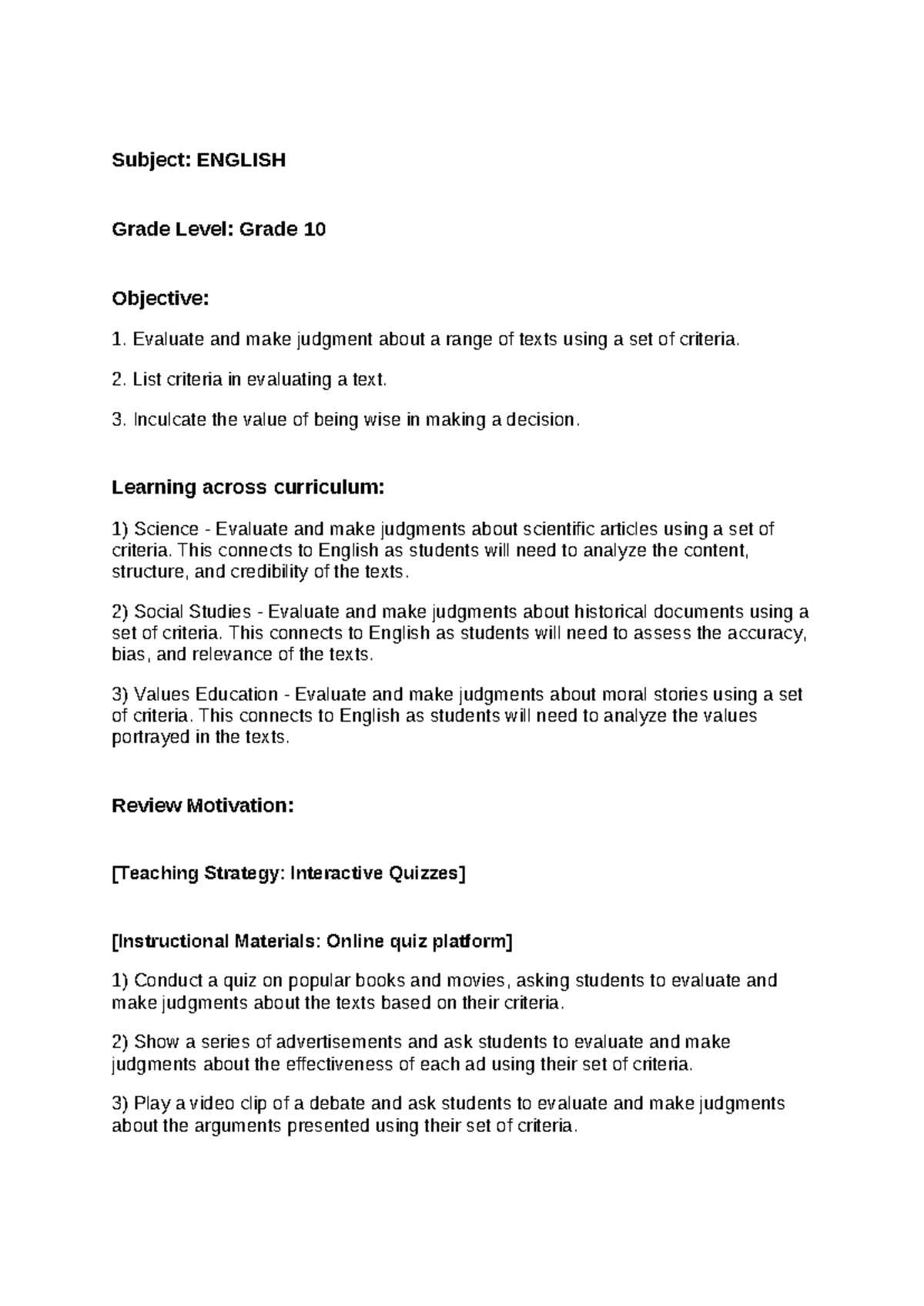 Lesson plan - Subject: ENGLISH Grade Level: Grade 10 Objective: 1 ...