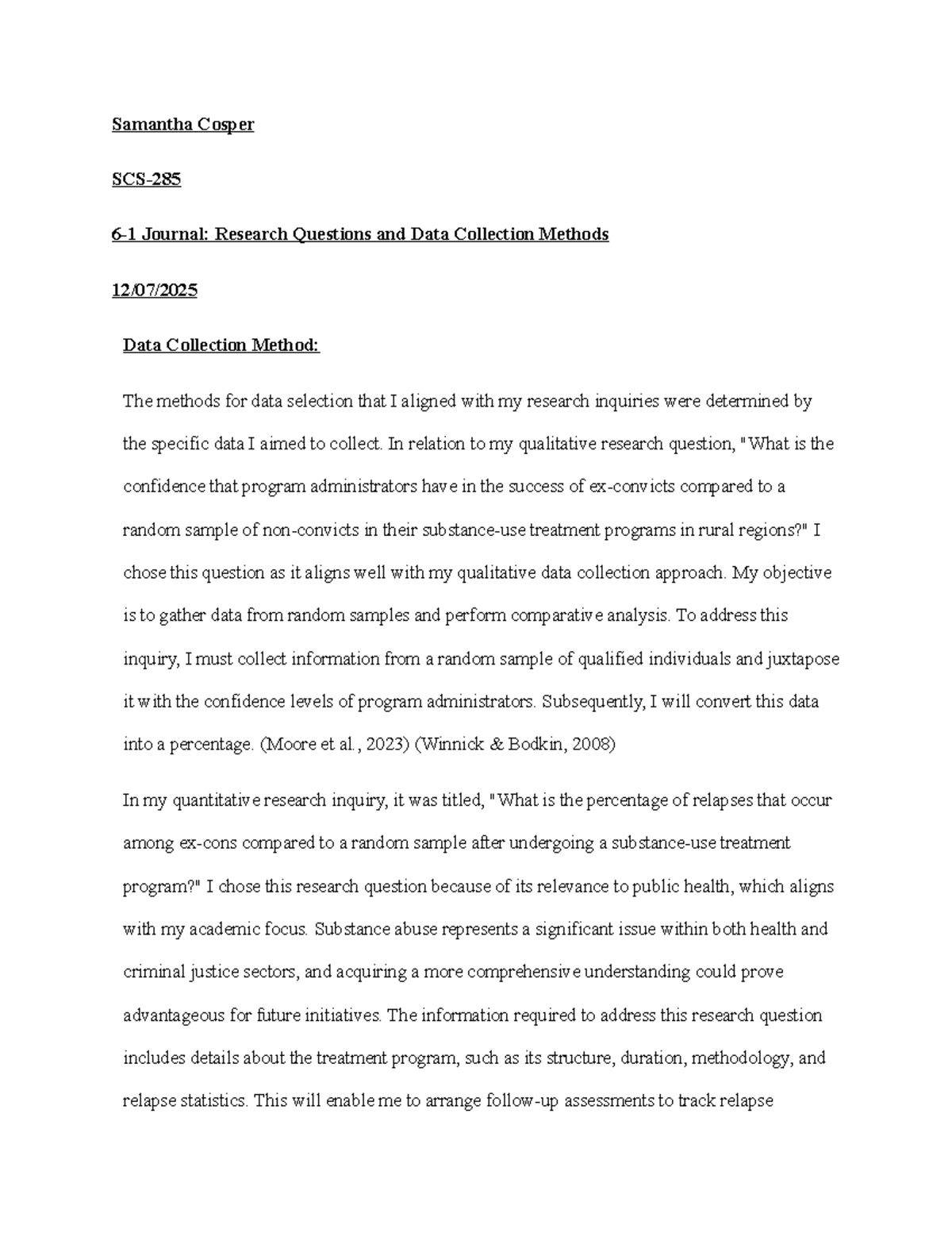 CJ SCS 285: Research Questions & Data Collection Methods Journal - Studocu