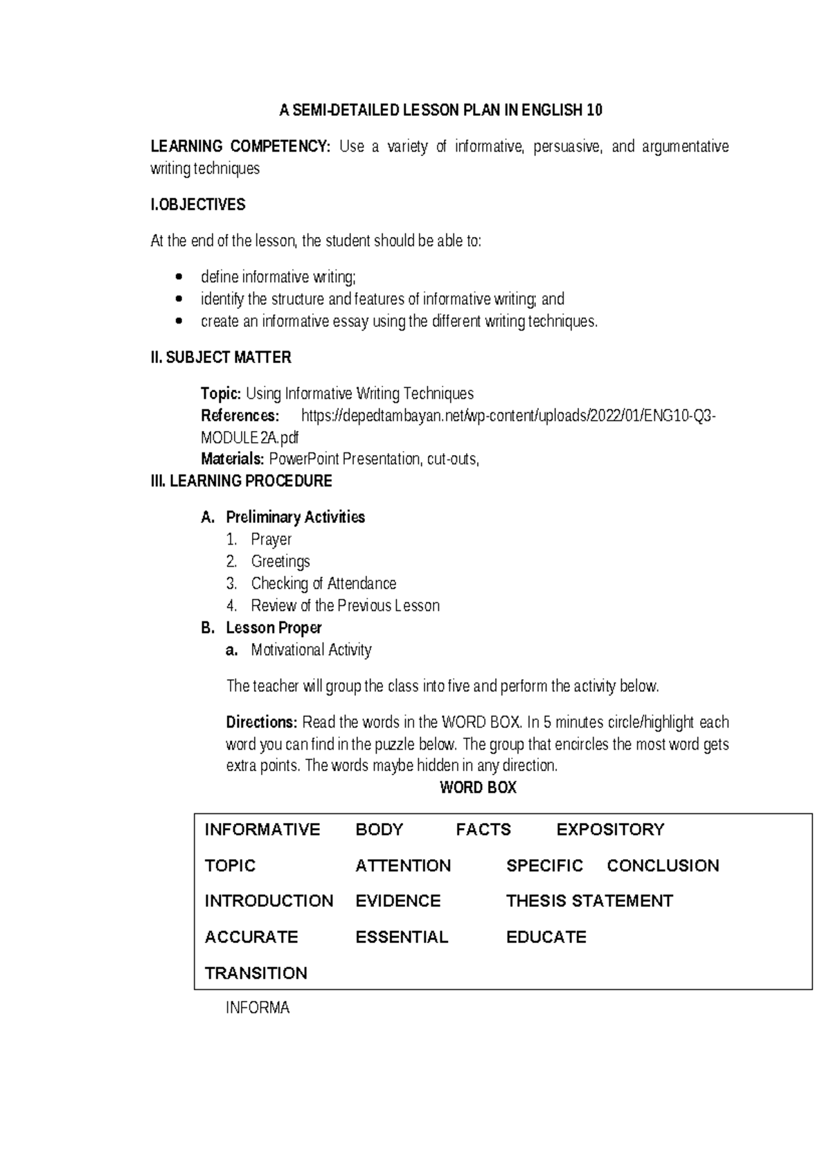 1 English 10 LP - A SEMI-DETAILED LESSON PLAN IN ENGLISH 10 LEARNING ...