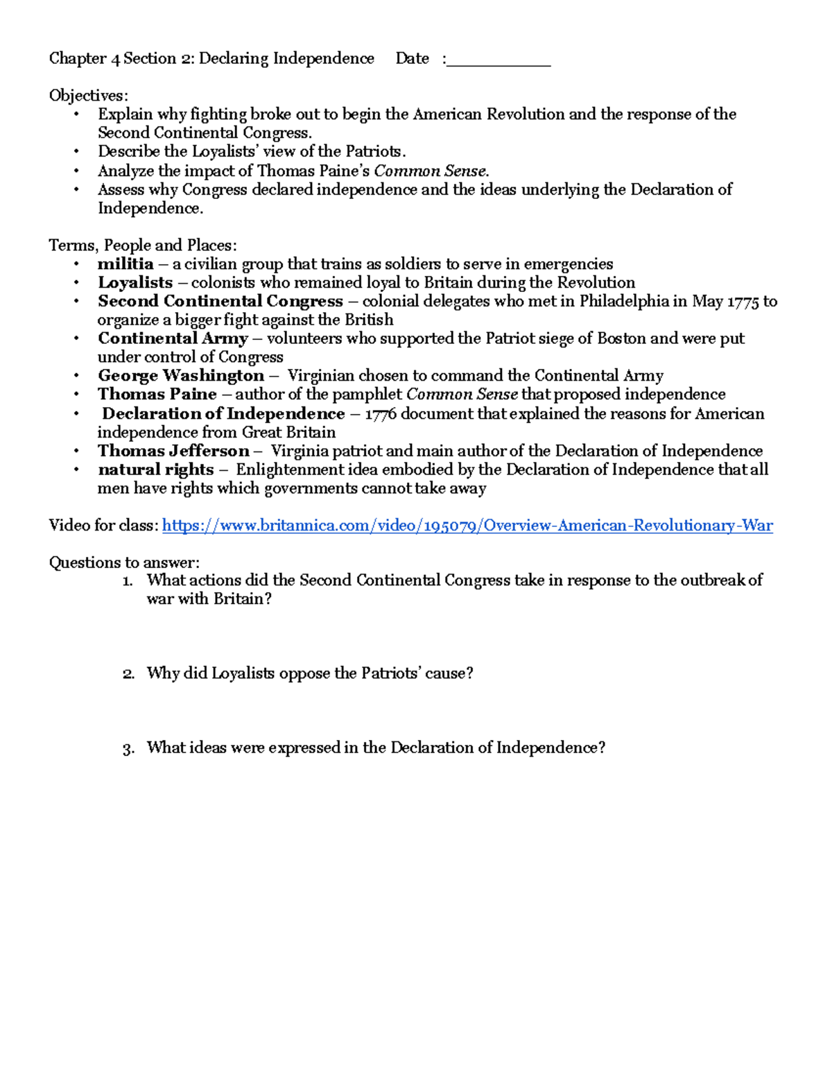 AMH 2020 Chapter 4 Sec 2: Declaring Independence Overview - Studocu