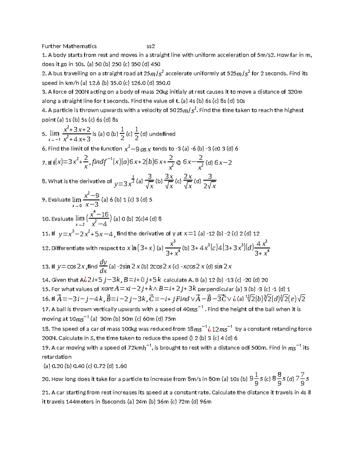 Further Mathematics SS2 Third Term Exam Questions 2024-2025 - Studocu