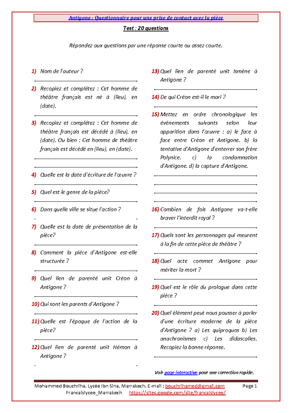 Antigone : Questionnaire de Contact et Test (Controleantigone) - Studocu
