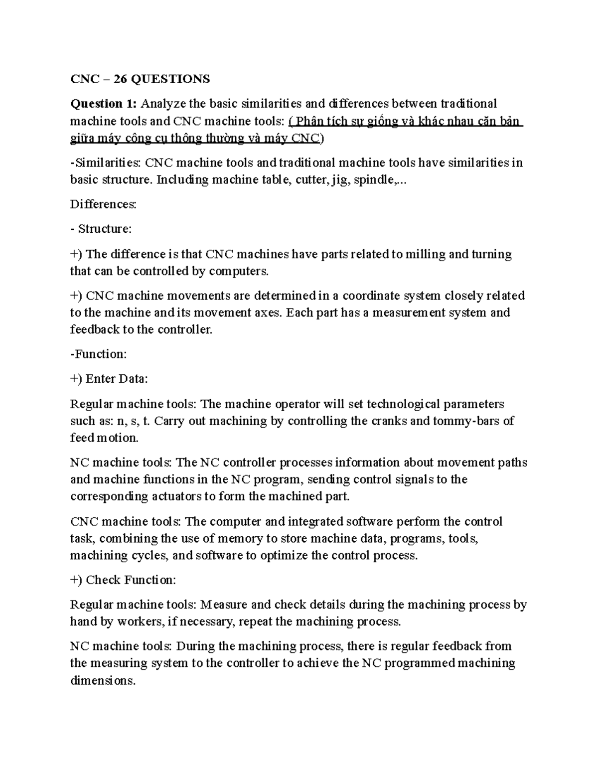 CNC 26 QUESTIONS: Analysis of Machine Tools and Control Systems - Studocu