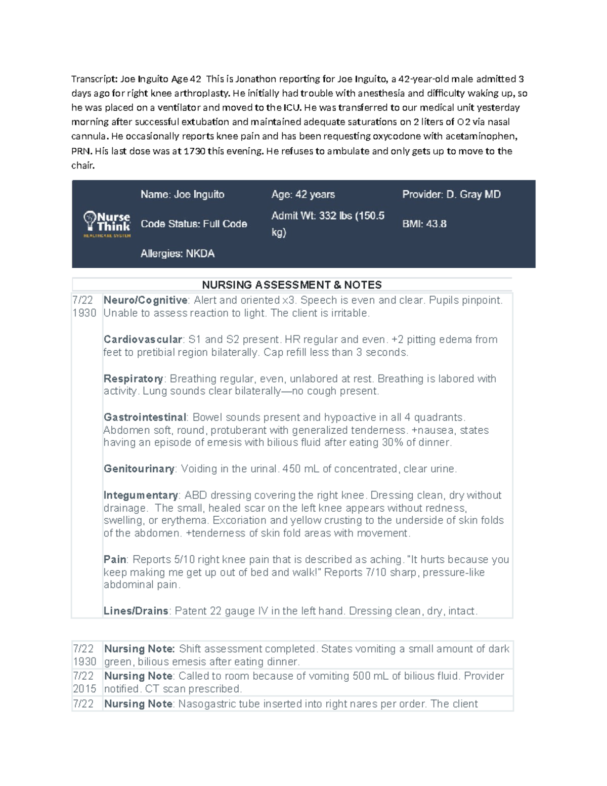 Nursing Notes on Joe Inguito's Post-Op Care and Assessment: Age 42 ...