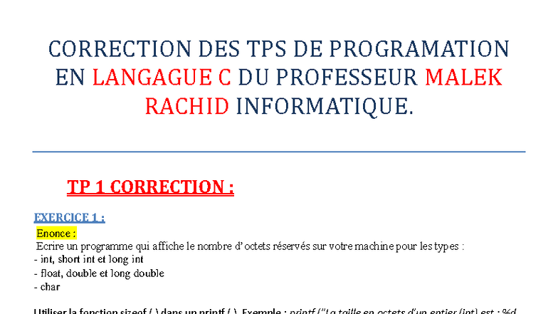 Correction des TP de Programmation en Langage C - Prof. Malek Rachid - Studocu