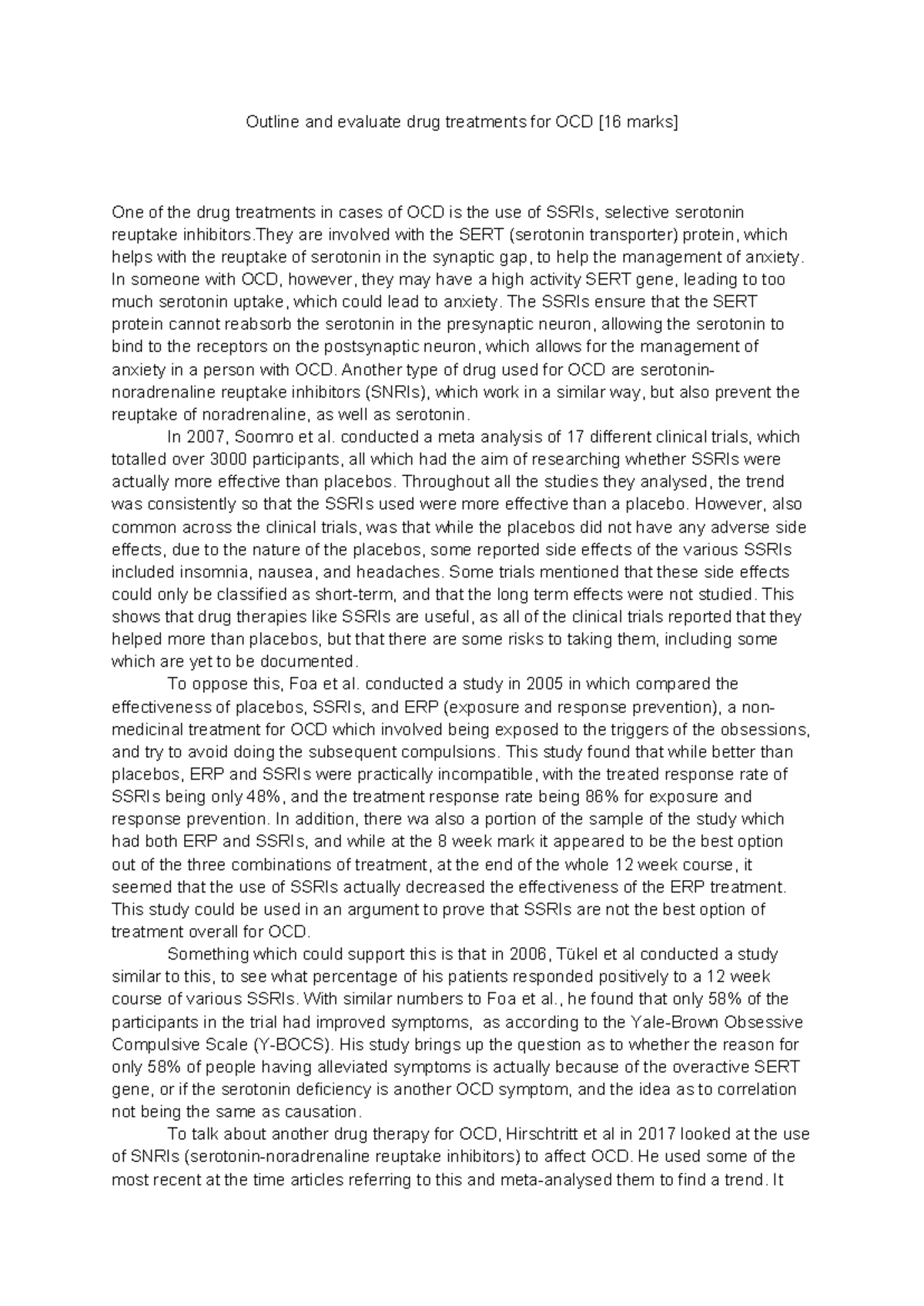 Drug Treatments for OCD: Outline & Evaluation [16 Marks] - Studocu