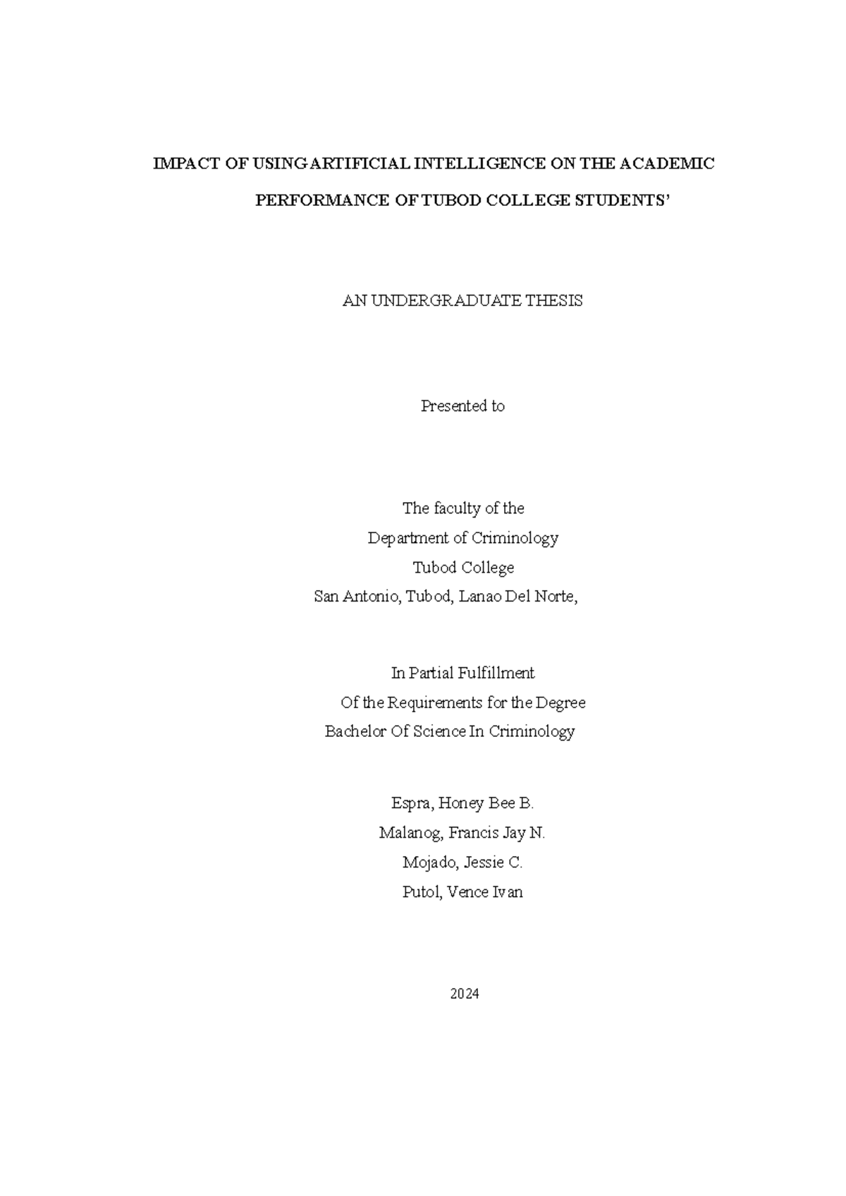 Impact of AI on Academic Performance: A Study at Tubod College - Studocu