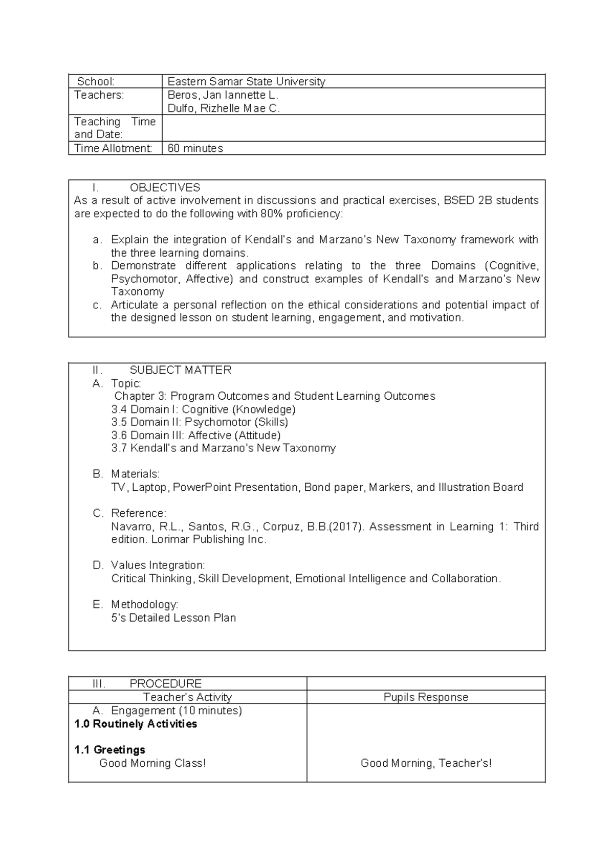Lesson PLAN AIL Copy - School: Eastern Samar State University Teachers ...