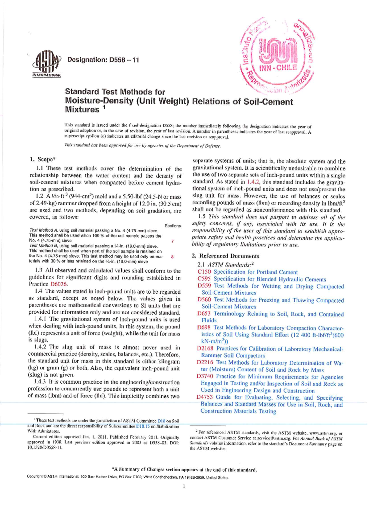 ASTM D558 11 - Standard Test Methods for Unit Weight of Mixtures - Studocu