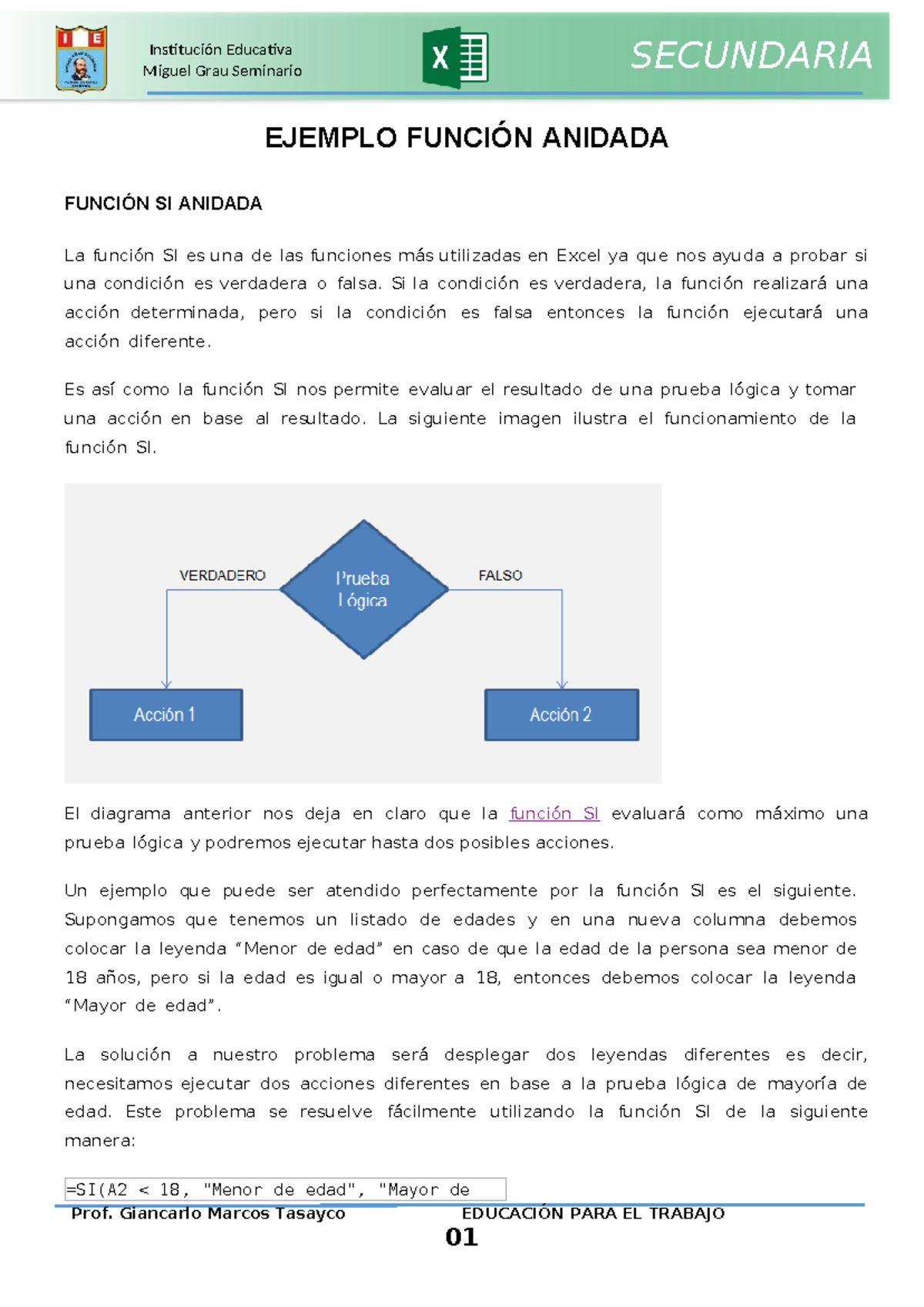 Ejemplo de Función SI Anidada en Excel - Educación para el Trabajo 01 ...