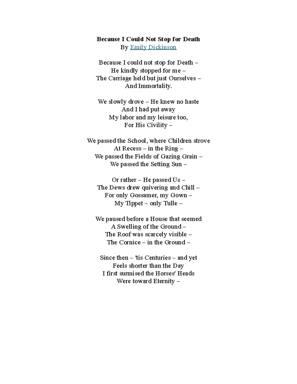Emily Dickinson's Poem Analysis: "Because I Could Not Stop for Death ...