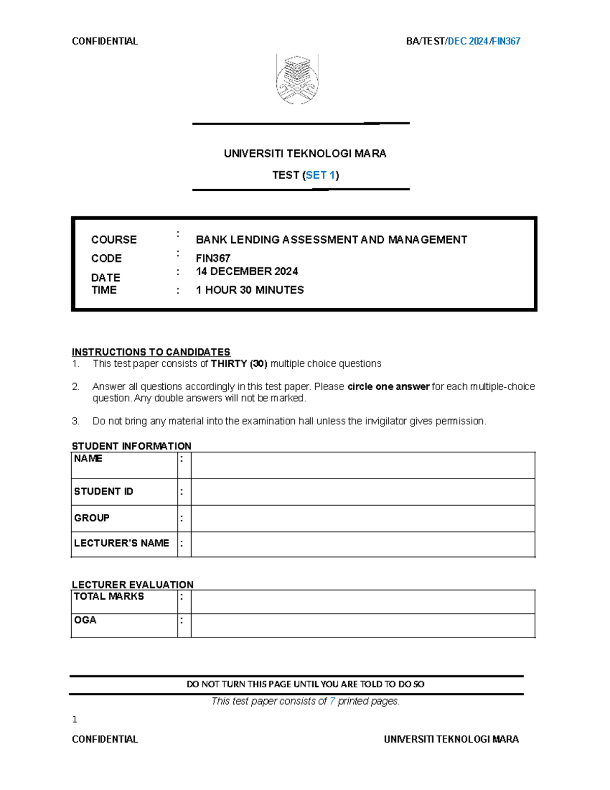 FIN367 Midterm Test Set 1: Bank Lending Assessment & Management - Studocu