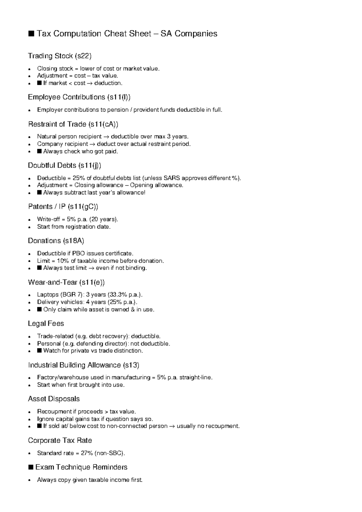 Tax Computation Cheat Sheet: SA Companies & Key Deductions - Studocu
