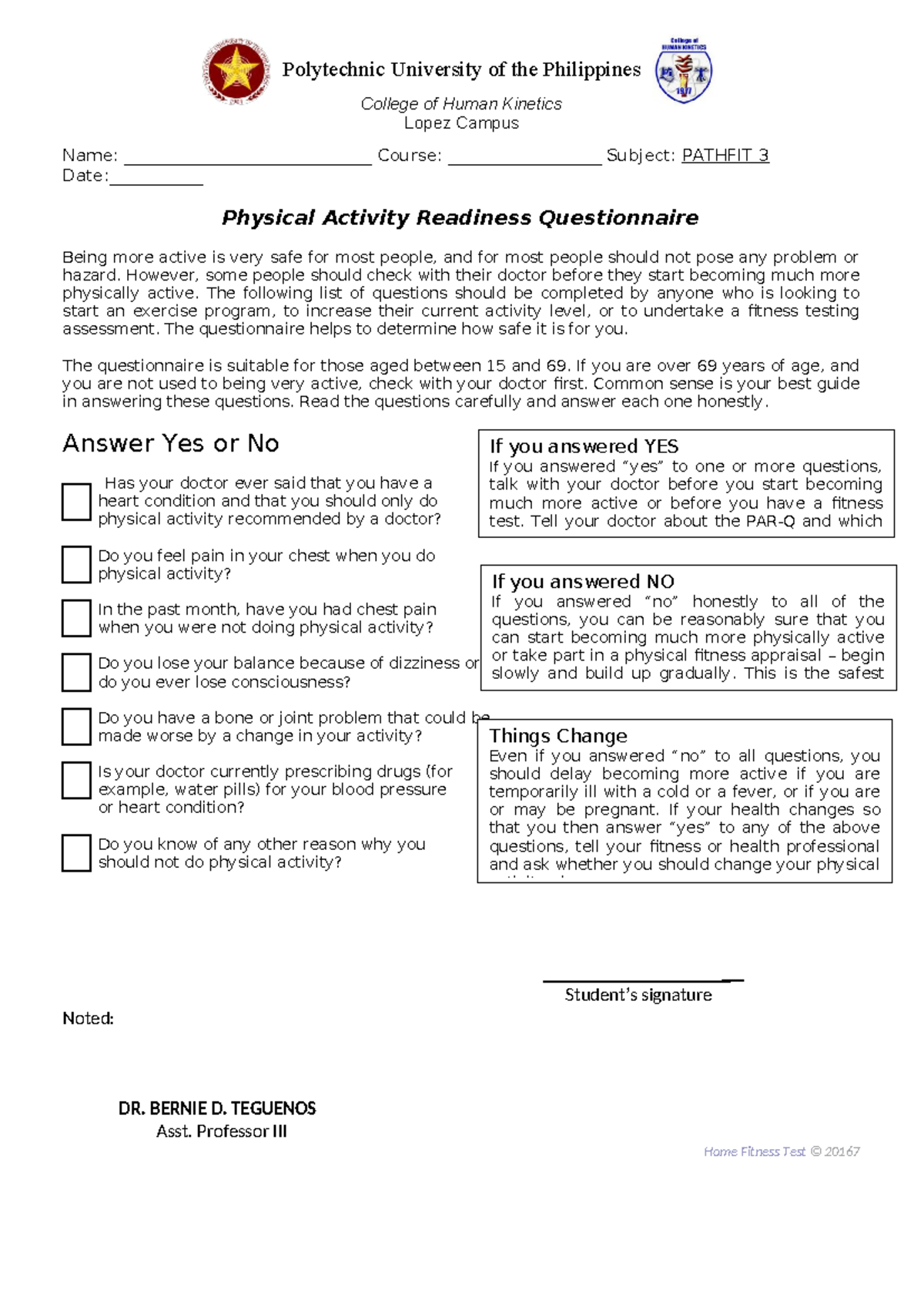 PATHFIT 3 - Physical Activity Readiness Questionnaire (PAR-Q) - Studocu