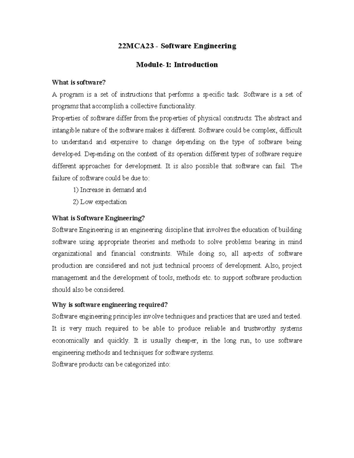 22MCA23 Software Engineering: Introduction to Software Concepts and ...