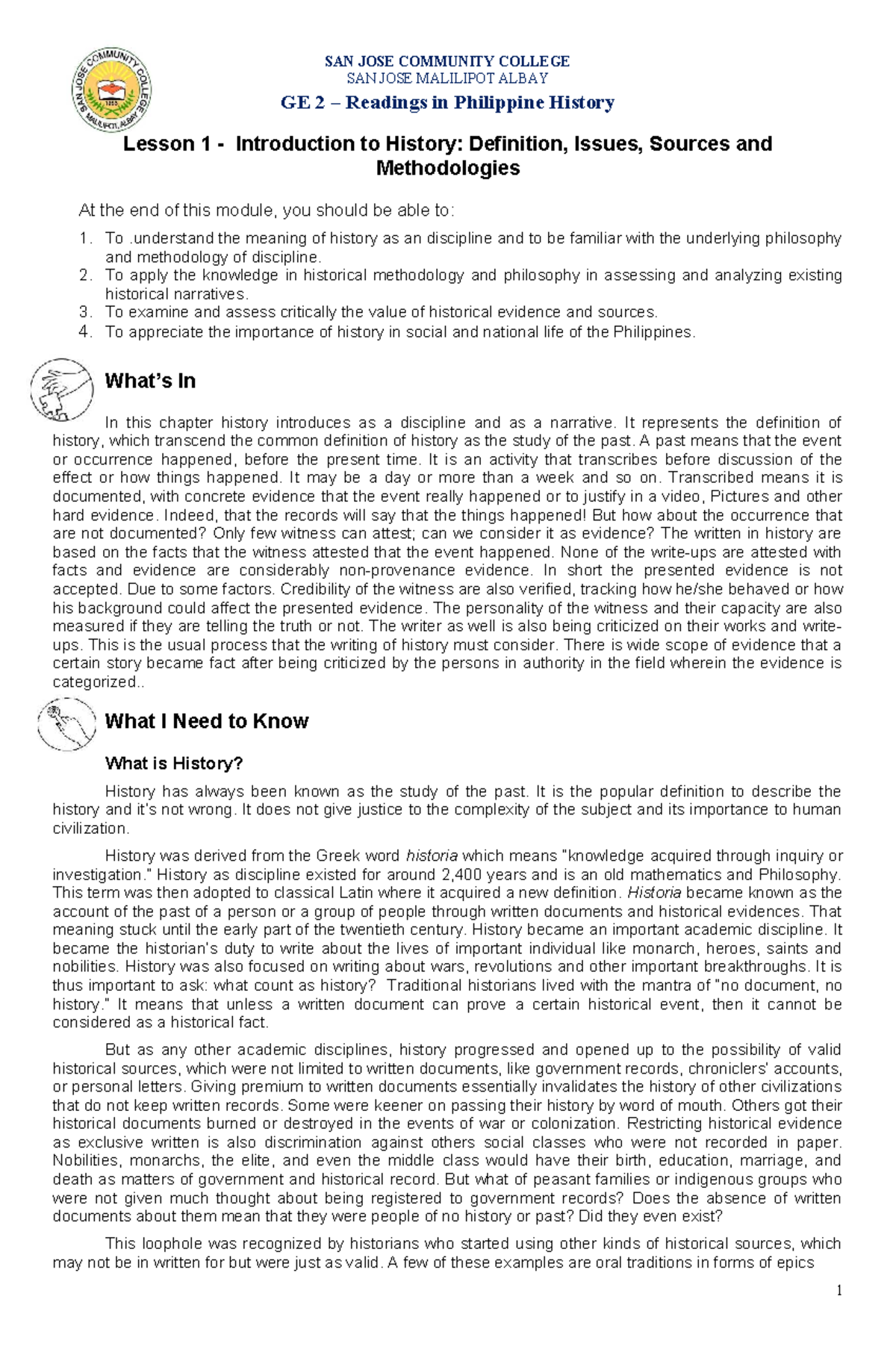 GE 2 Readings in Philippine History: Lesson 1 - Intro to History - Studocu