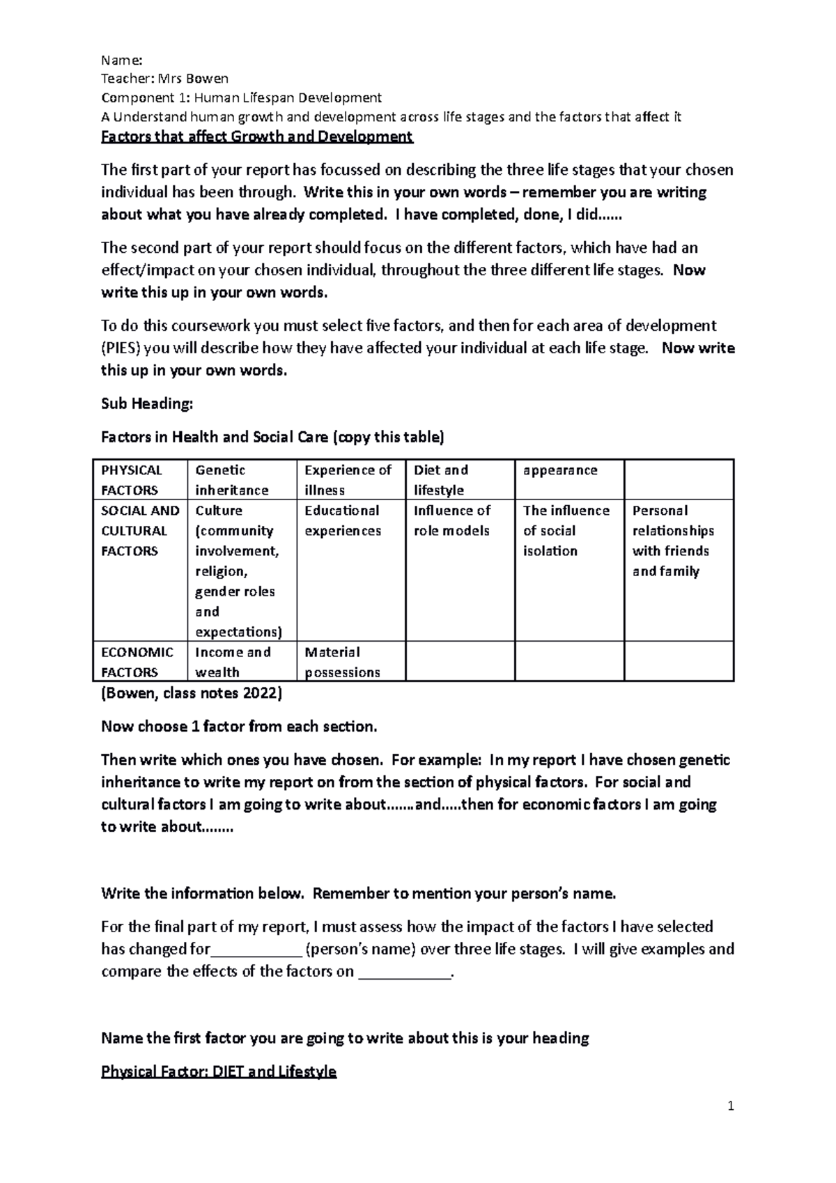 Lesson 1 9E writing frame coursework Factors that affect Development ...