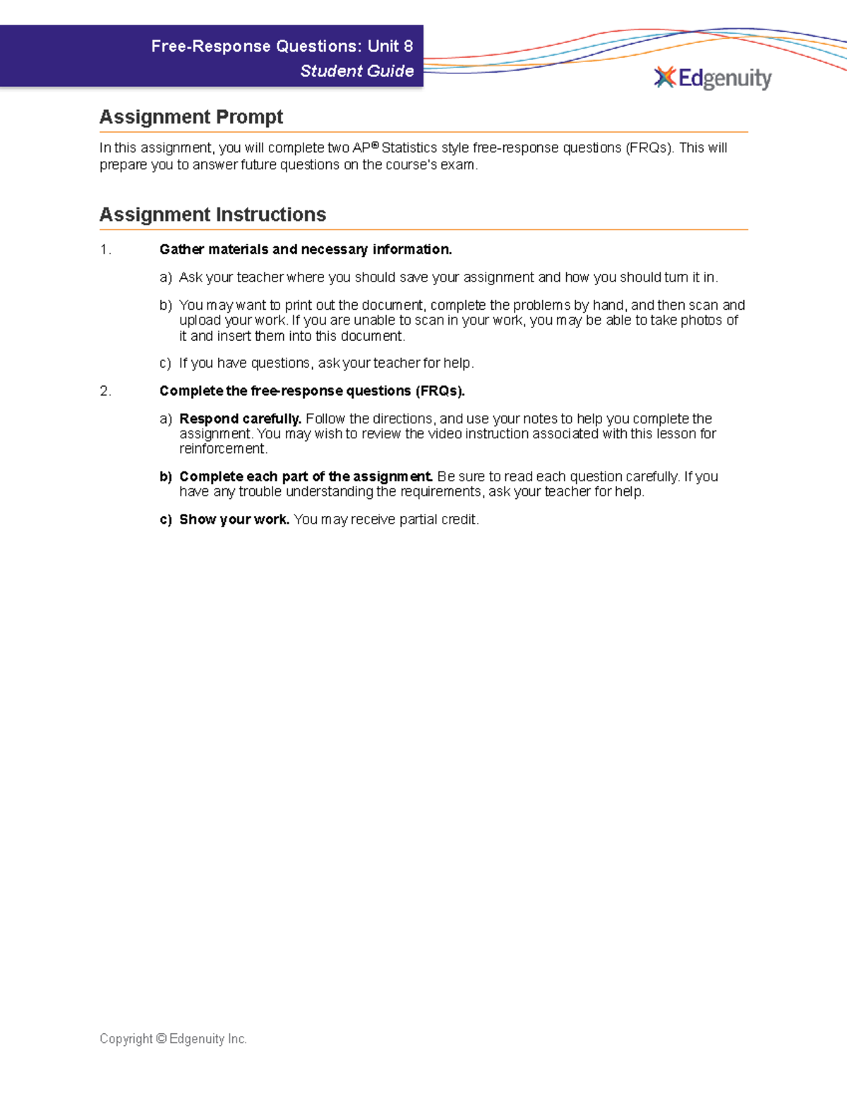 Perf Task FRQs: Unit 8 Student Guide for Statistics Assignment - Studocu