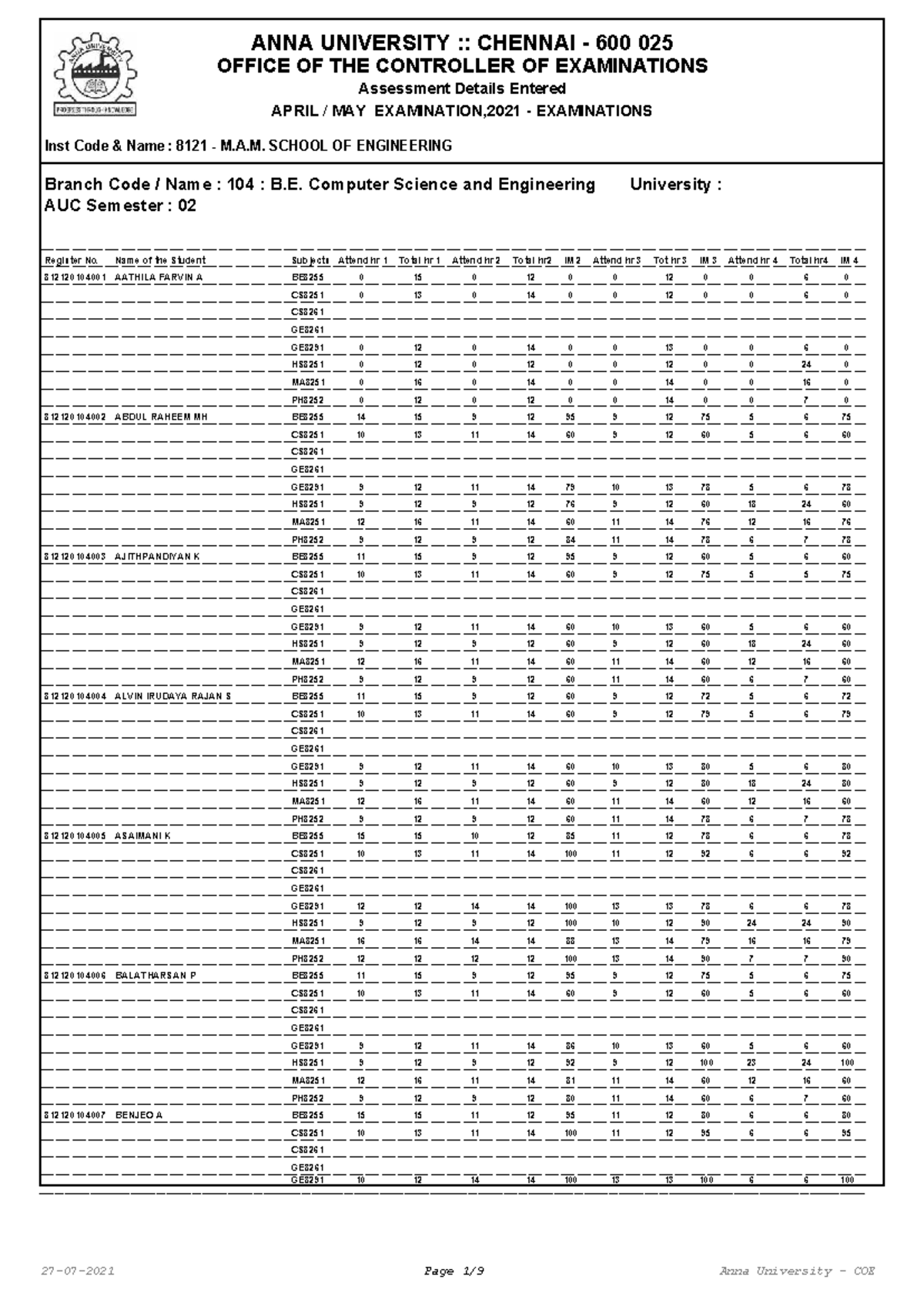 Assessment Details for CSE - April May Examination 2021 (BE8255, CS8251 ...