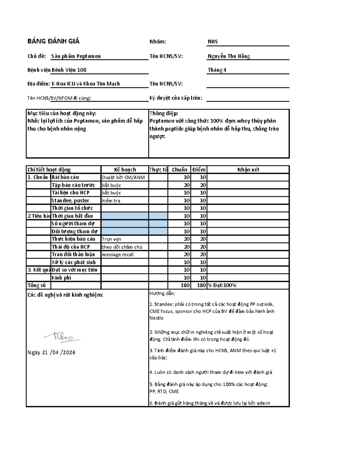 ĐÁNH GIÁ Hoạt Động Peptamen Tại Bệnh Viện 108 - Nhóm NHS - Studocu