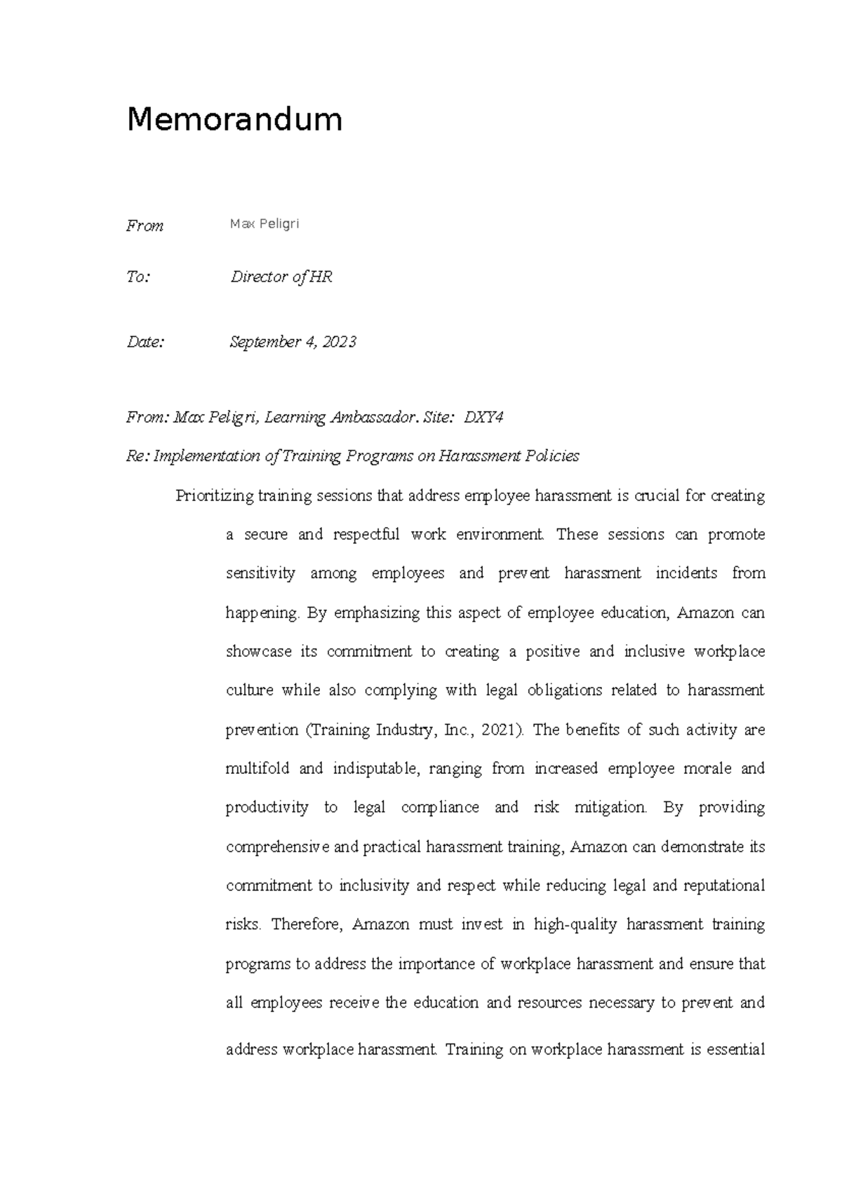 Memo Deliverable 2: Training Programs on Harassment Policies - Studocu