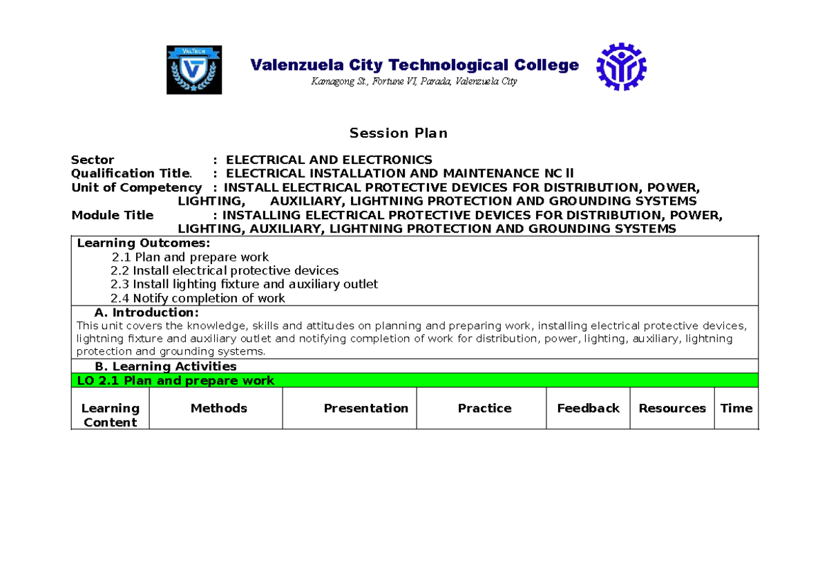 ELECTRICAL INSTALLATION NC II Session Plan: Installing Protective ...