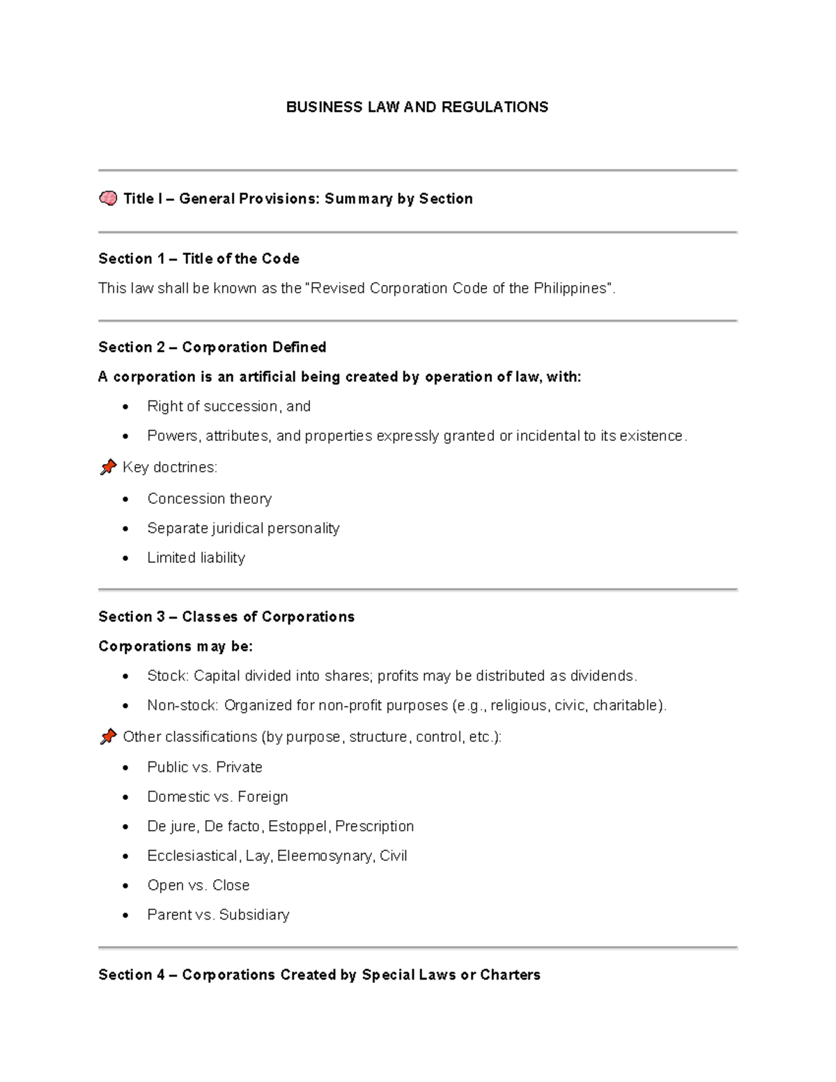 BUSINESS LAW AND REGULATIONS: Title I General Provisions Summary - Studocu