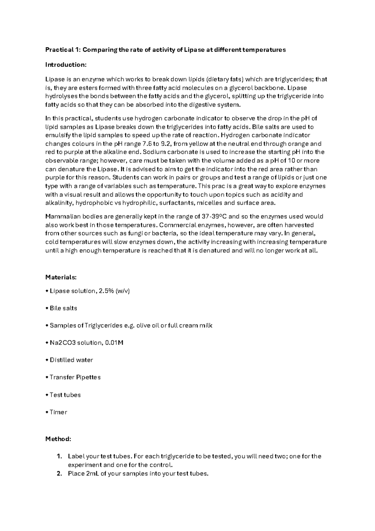 Practical 1: Lipase Activity at Varying Temperatures - Studocu