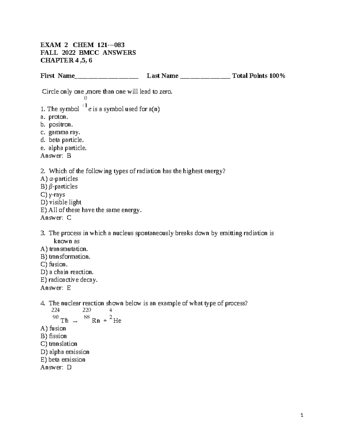 Practice Exam 2: Chemistry Chapters 4, 5, and 6 Answers - Fall 2022 ...