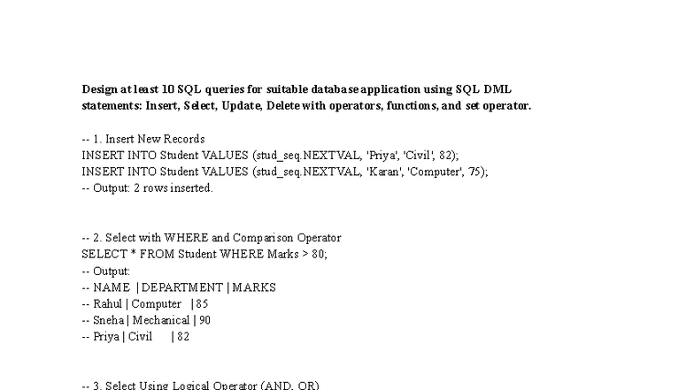 DBMS ASS 01(B) - Practical SQL Queries with DML Operations - Studocu