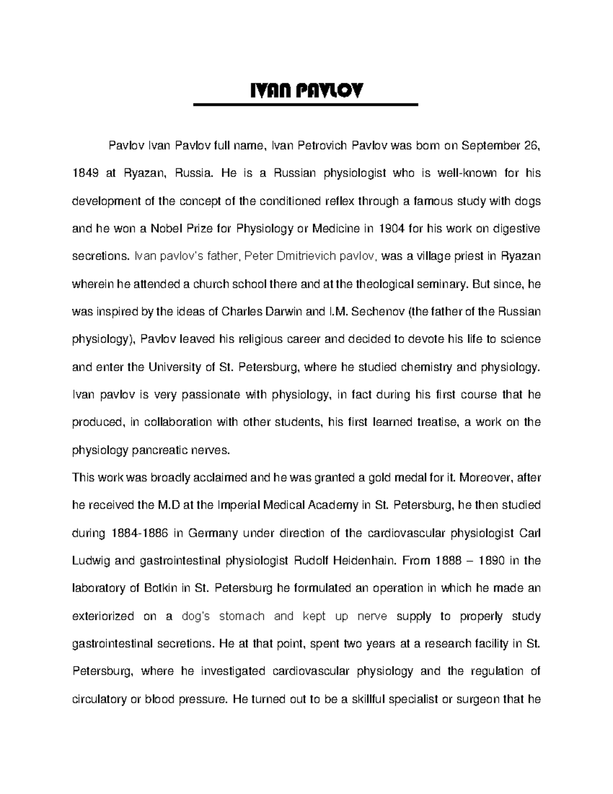 IVAN Pavlov - Essay - Reflection on His Life and Discoveries - Studocu