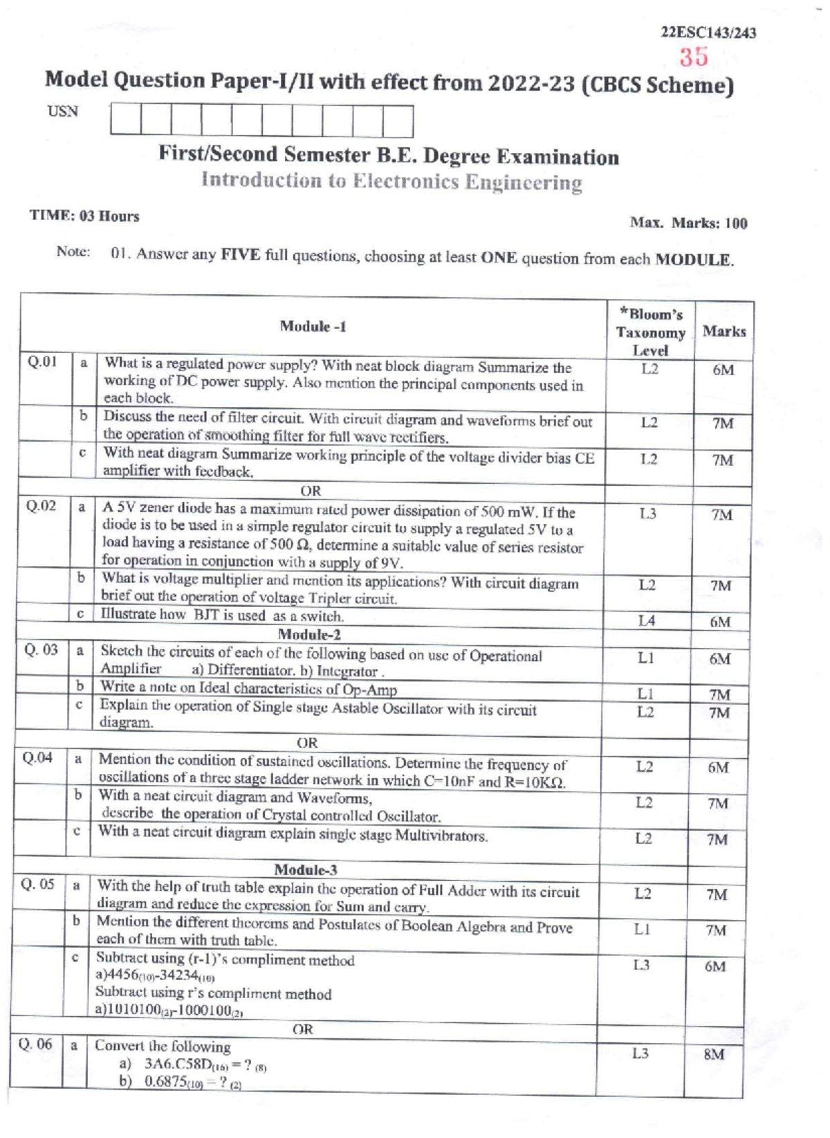 Model Questions for BE Electronics Engineering (Besck 104C1) Exam - Studocu
