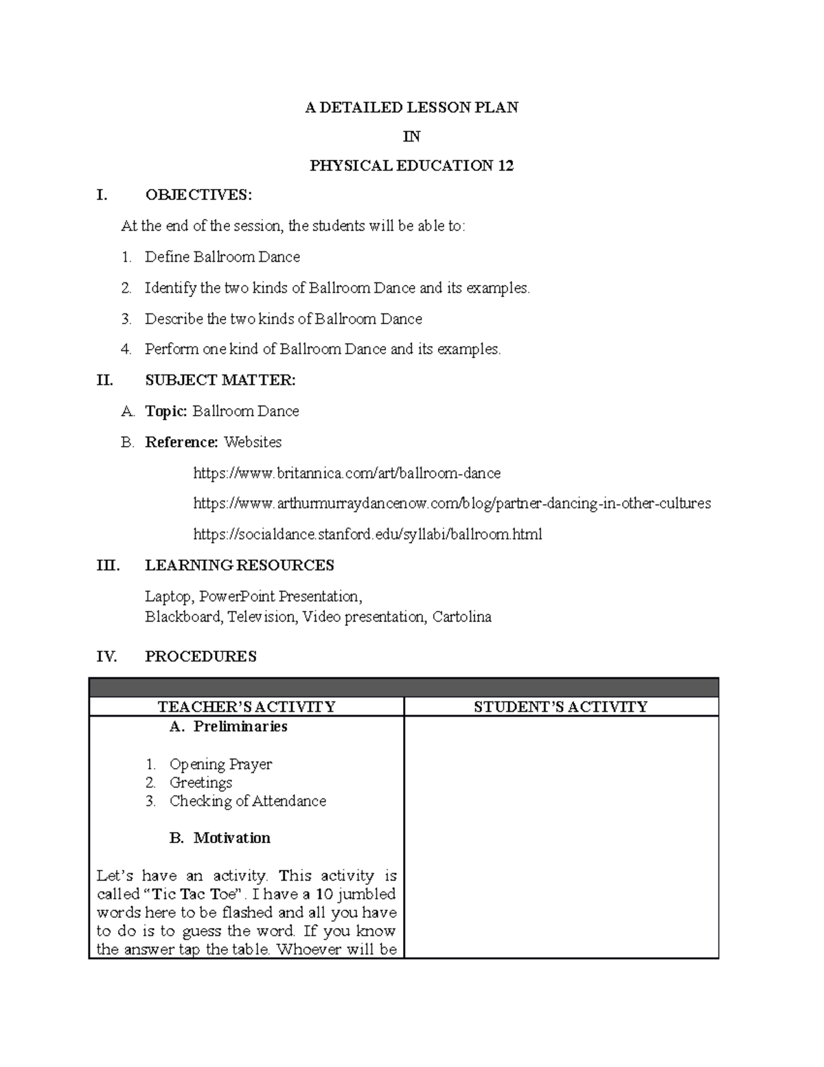 Lesson Plan: Ballroom Dance in PE 12 (DLP - DE) - Studocu