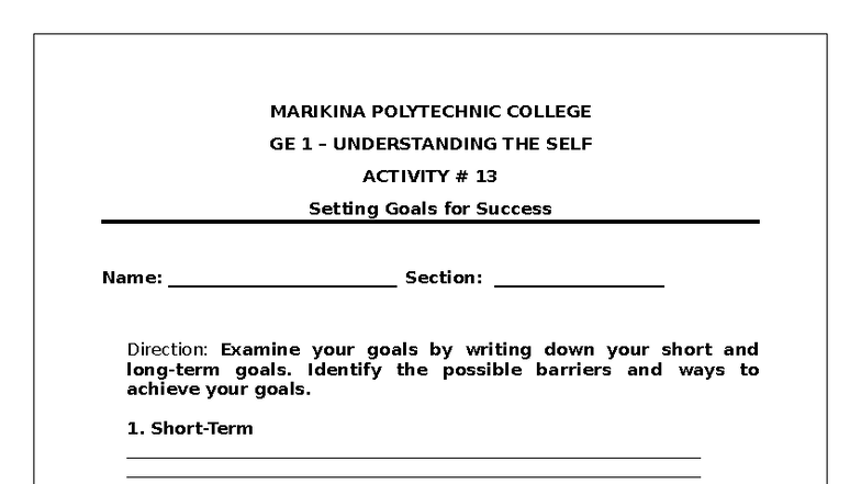 GE 1 UTS Activity 13: Setting Goals for Success - Studocu