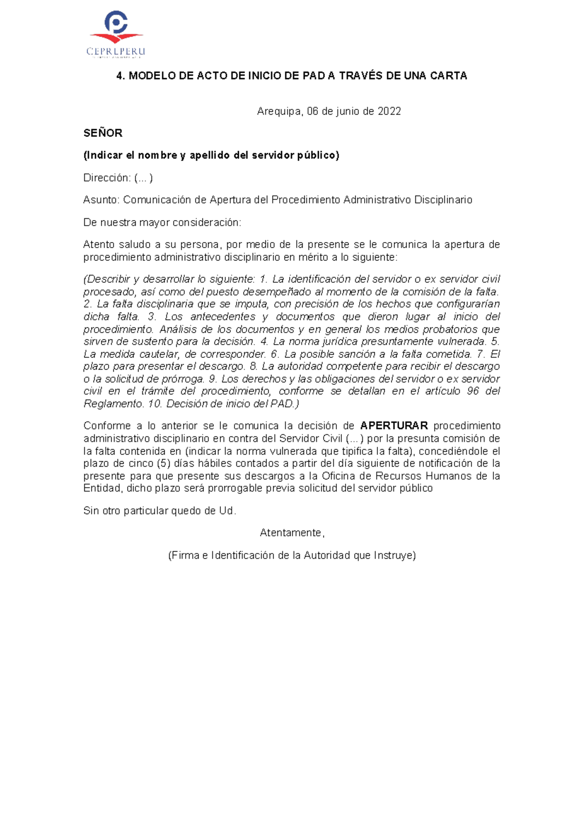 PAD - Modelo de Acto de Inicio de Procedimiento Administrativo ...