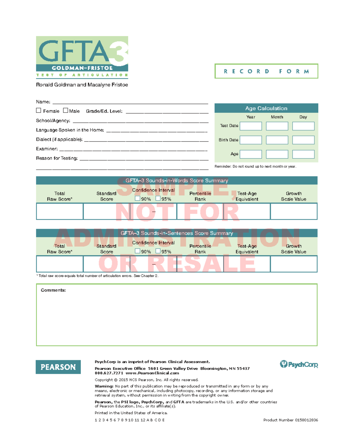 GFTA-3 Record Form: Phonetic Error Analysis (Ages 2:0–21:11) - Studocu