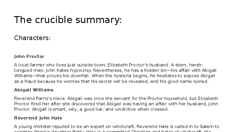The Crucible (ENG 101): Character Analysis and Plot Summary Notes - Studocu