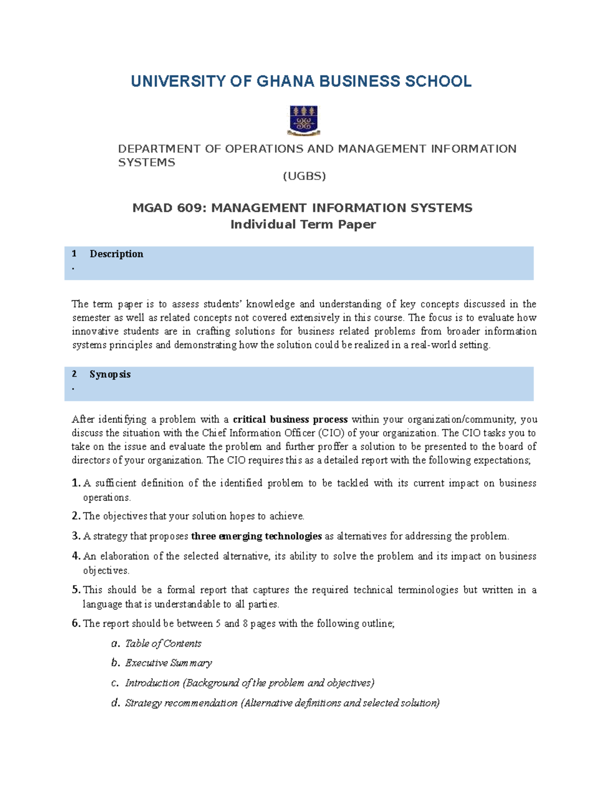MGAD 609 Individual Term Paper Analysis and Solution Proposal - Studocu