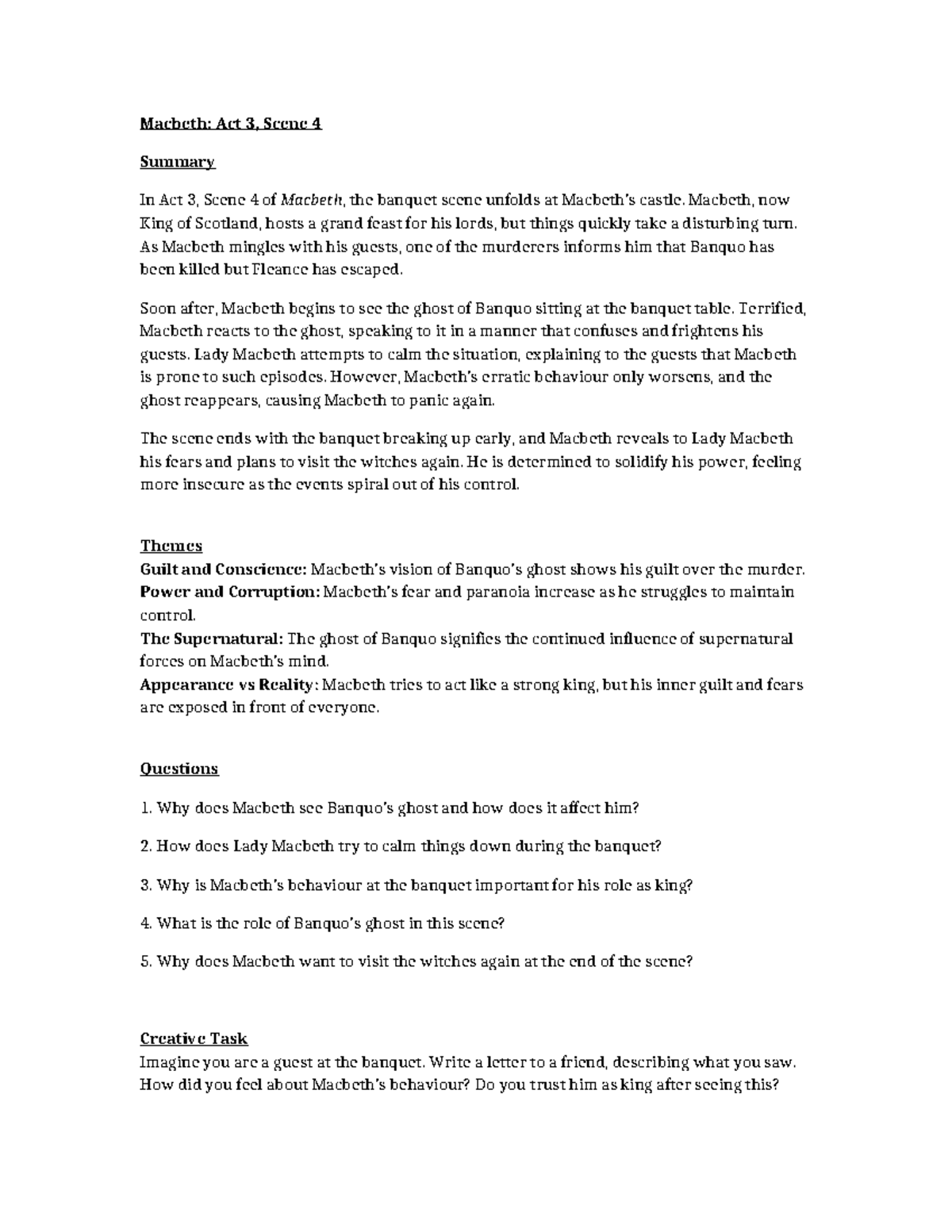 Macbeth Act 3 Scene 4 Analysis & Key Themes Summary - Studocu