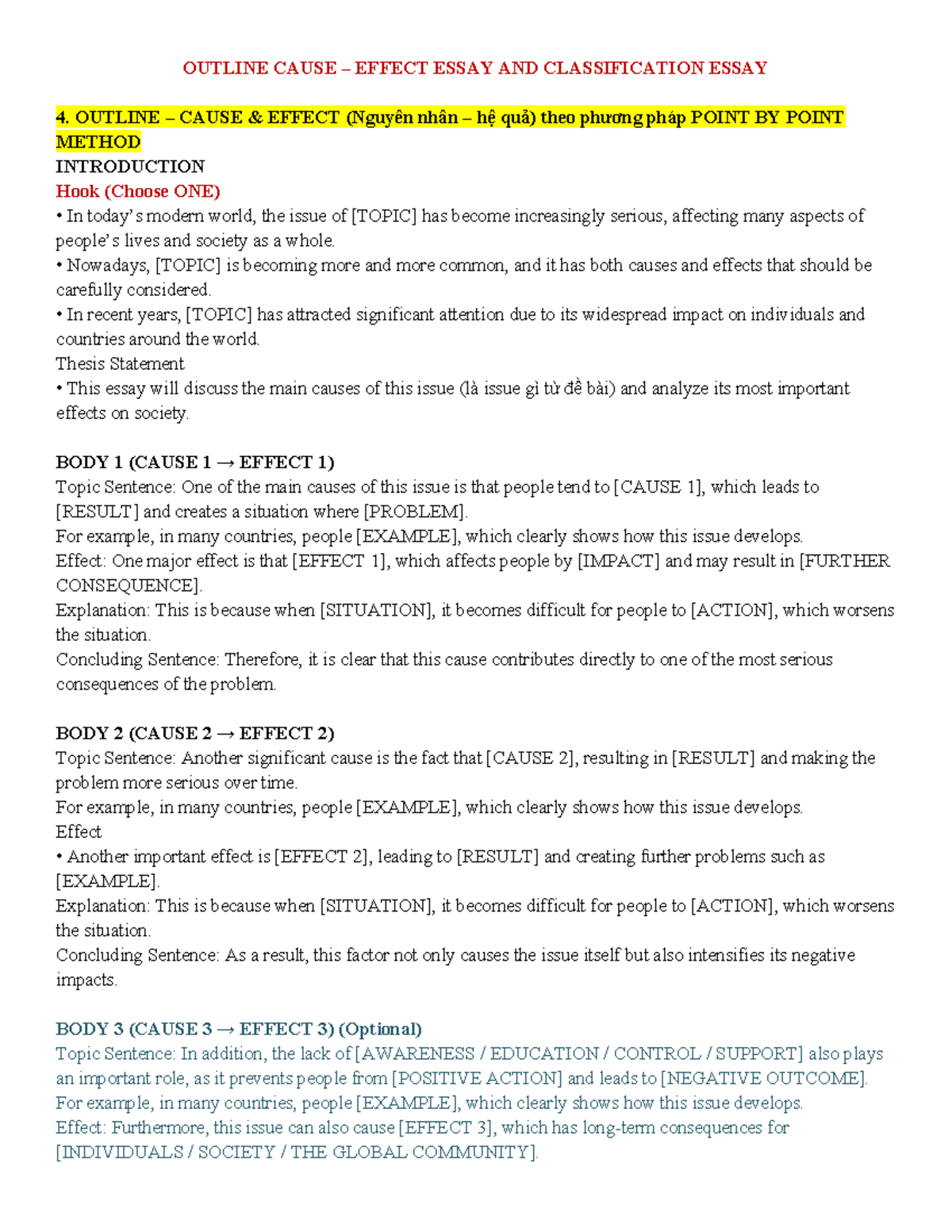 Outline for Cause-Effect and Classification Essay (2026) - Studocu