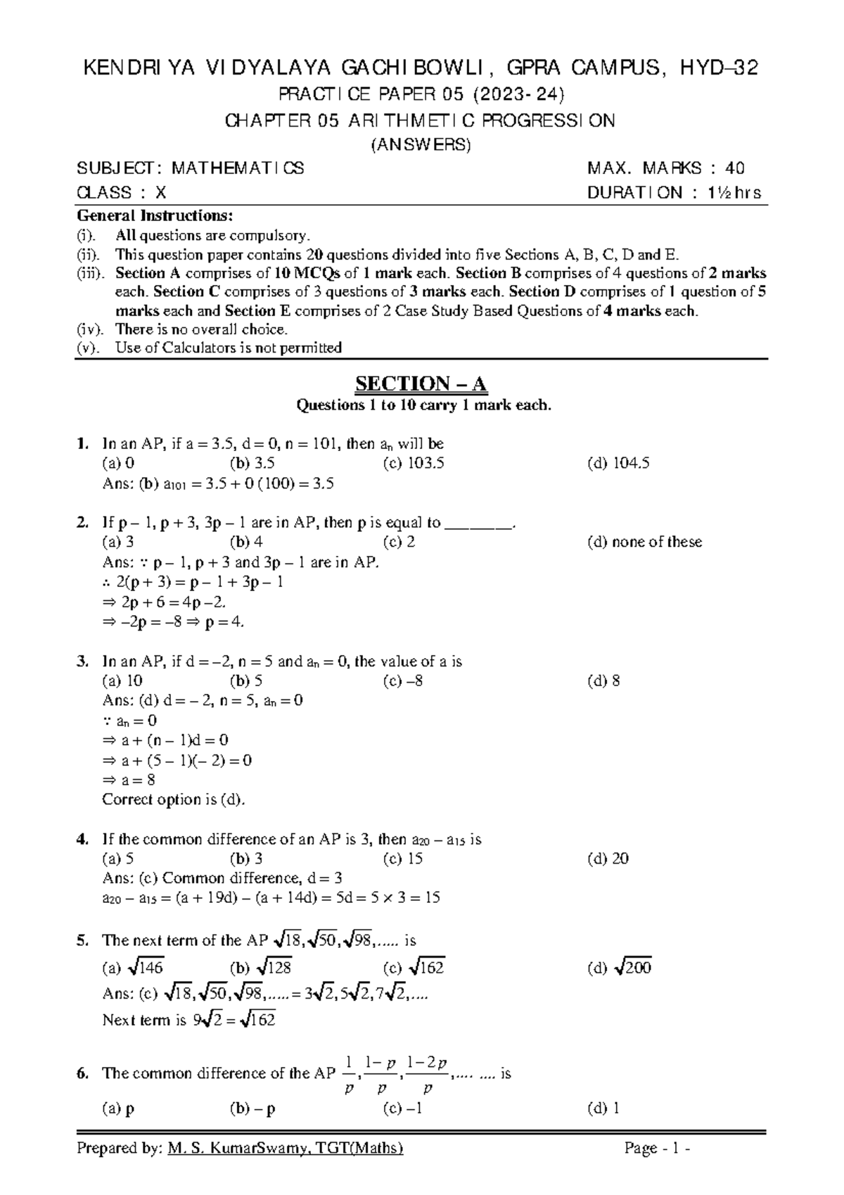 Maths Class X Chapter 05 Arithmetic Progression Practice Paper 05 ...