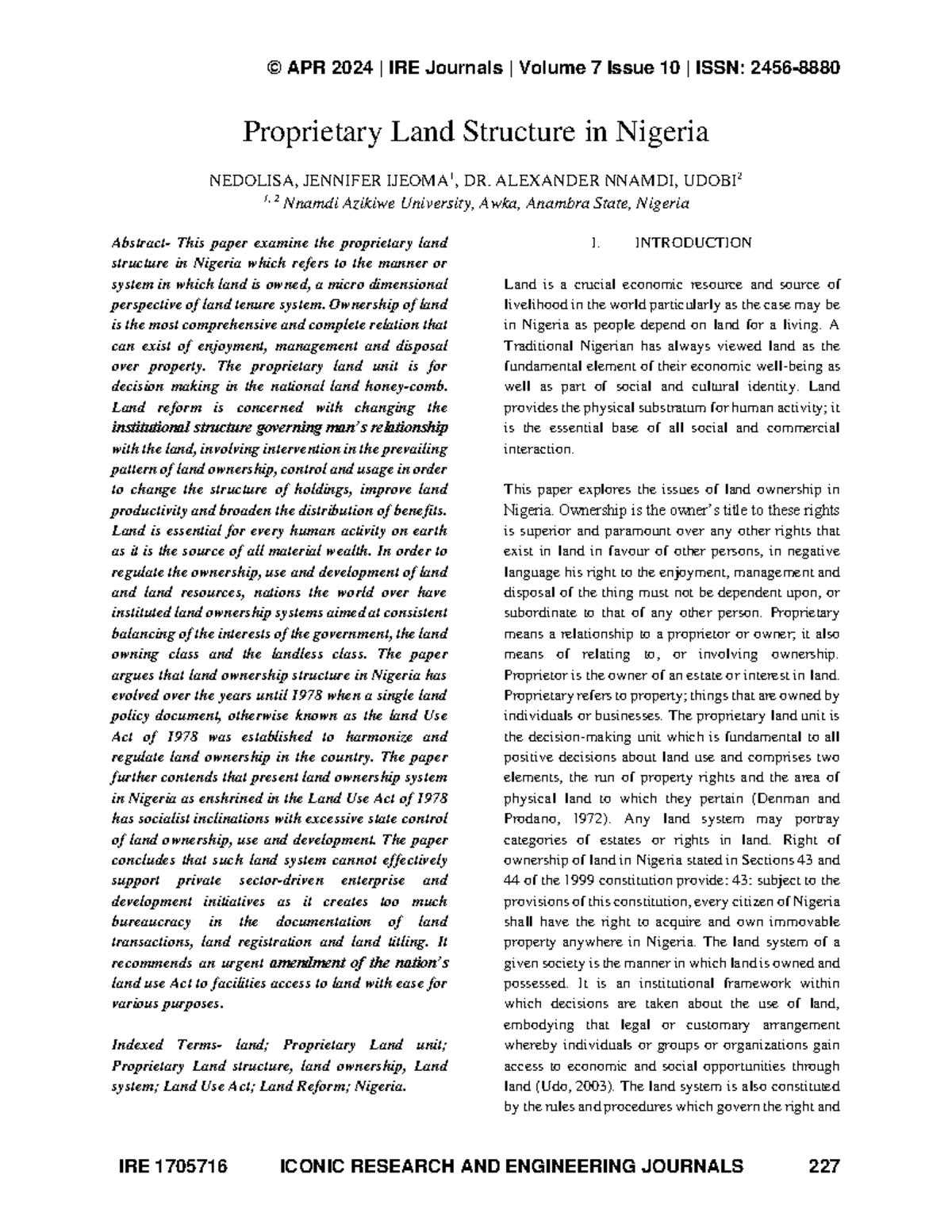 Proprietary Land Structure in Nigeria: An Analysis (IRE 1705716) - Studocu
