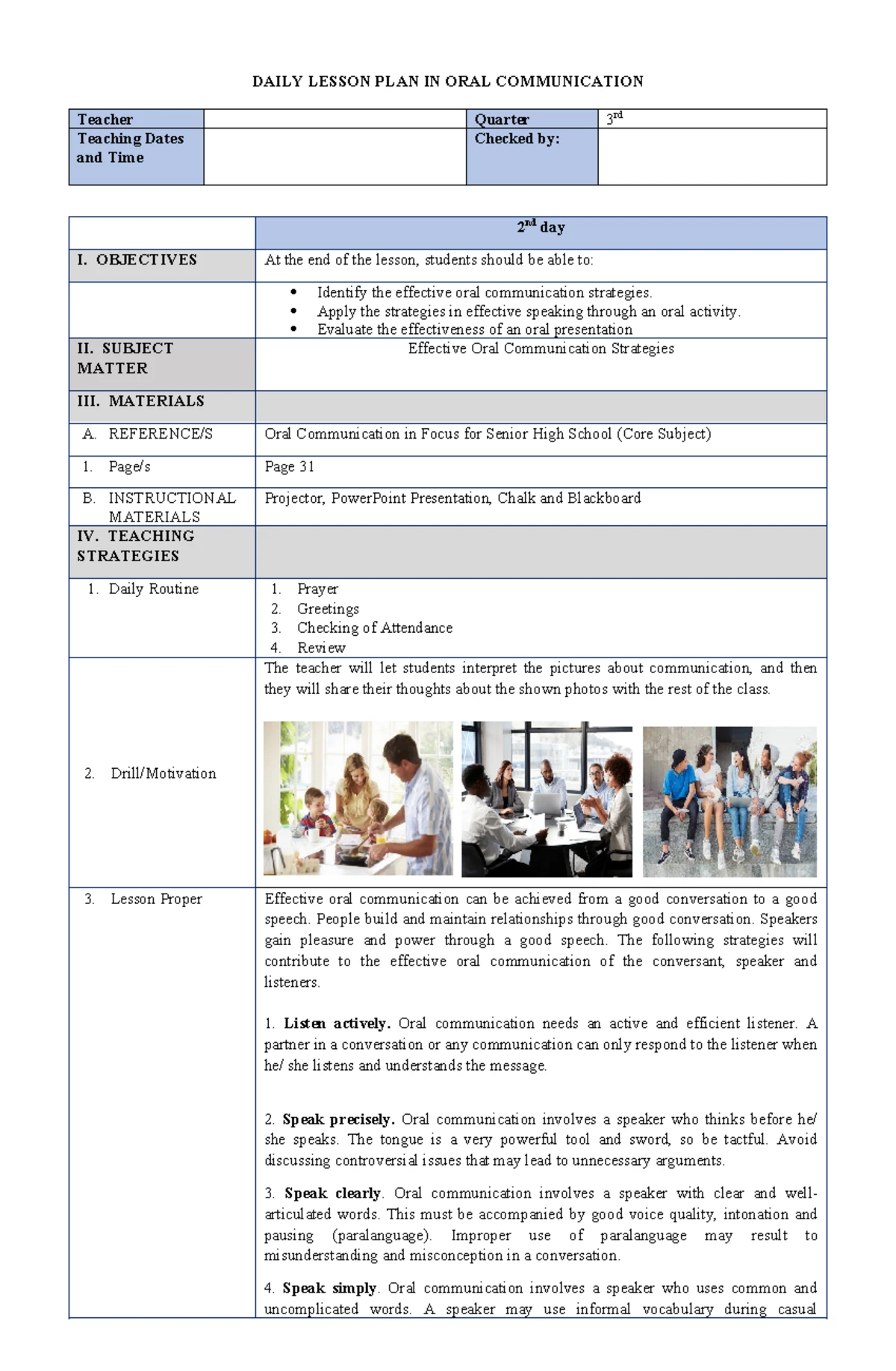 W5 LP - Oral Communication Sample Lesson Plan for 1st Day - Studocu