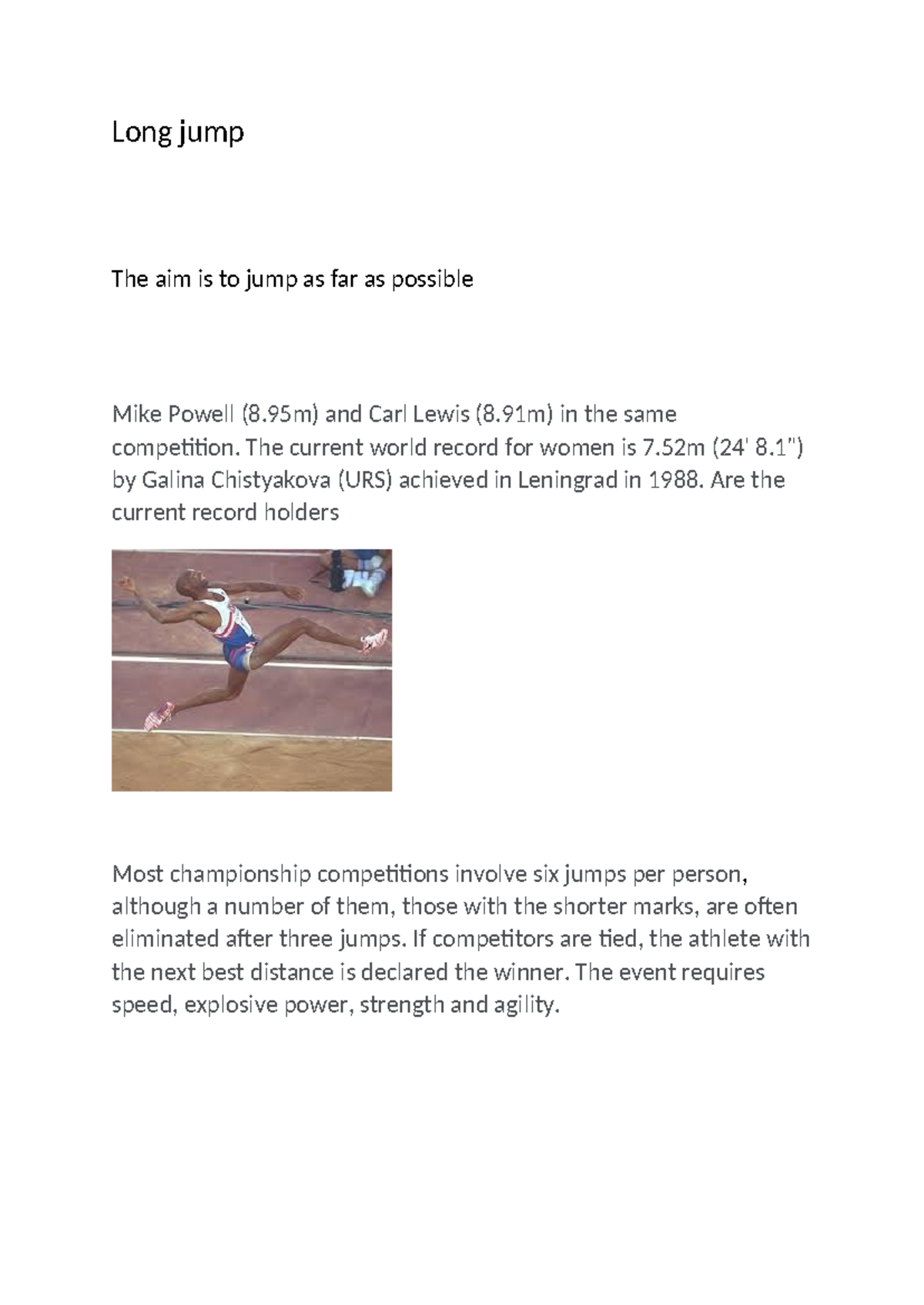 Long jump - no yup yup - Long jump The aim is to jump as far as ...