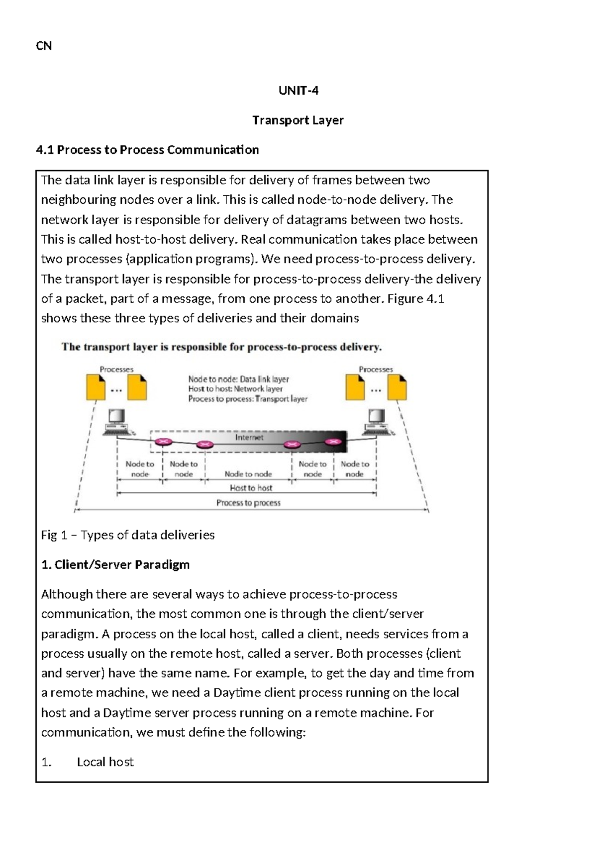 **CN Unit 4 - Transport Layer: Process to Process Communication and UDP** - Studocu