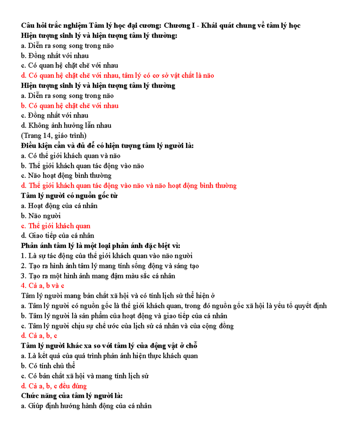 Đề ôn trắc nghiệm Tâm lý học đại cương: Chương I - IV - Studocu