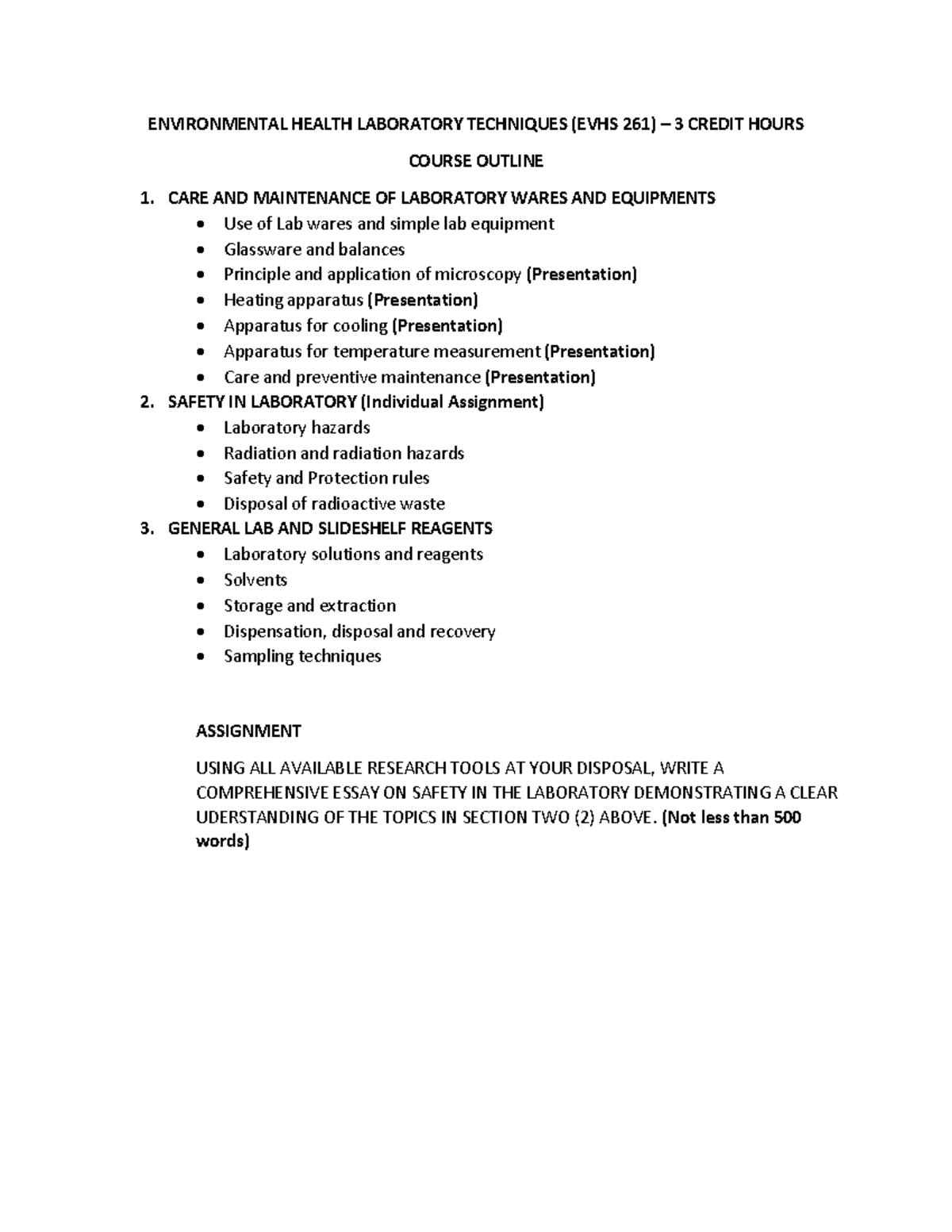 Environmental Health Laboratory Techniques Course Outline ...