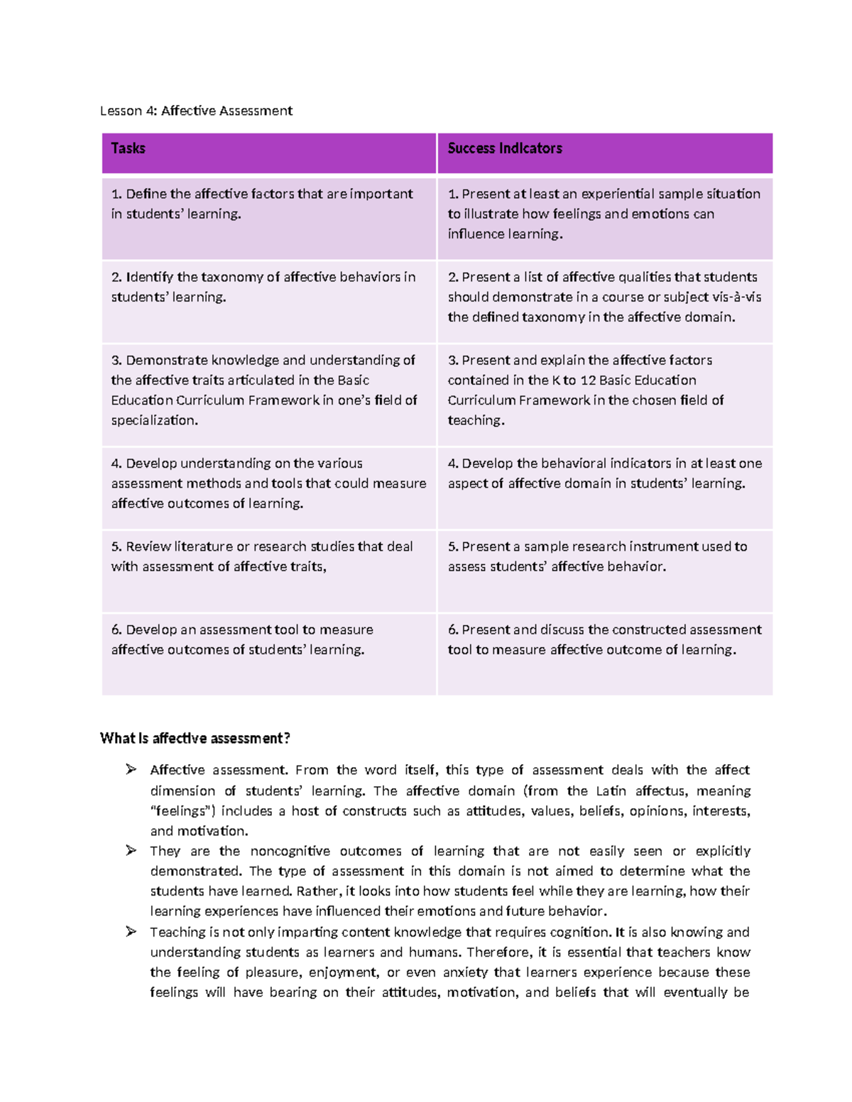 Affective Assessment in Learning: Key Concepts and Methods - Studocu