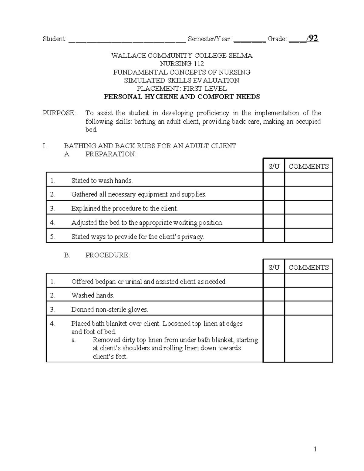 NUR 112 Final Exam: Personal Hygiene & Comfort Skills Evaluation Rubric ...