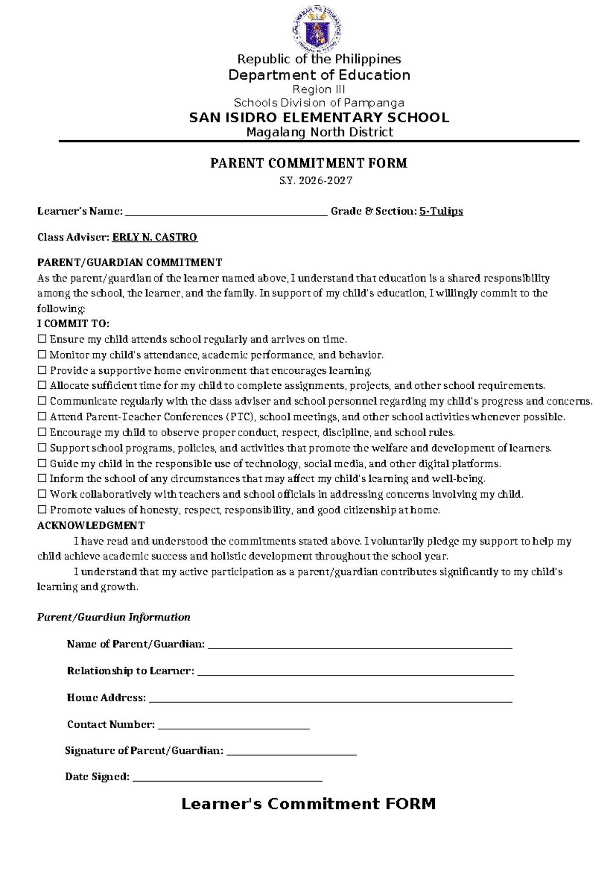 PARENT COMMITMENT FORM for S.Y. at San Isidro Elementary School - Studocu